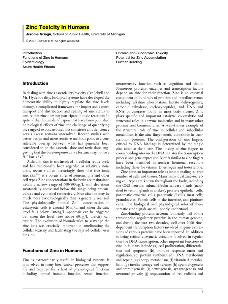 Zinc Toxicity in Humans: Jerome Nriagu, School of Public Health ...