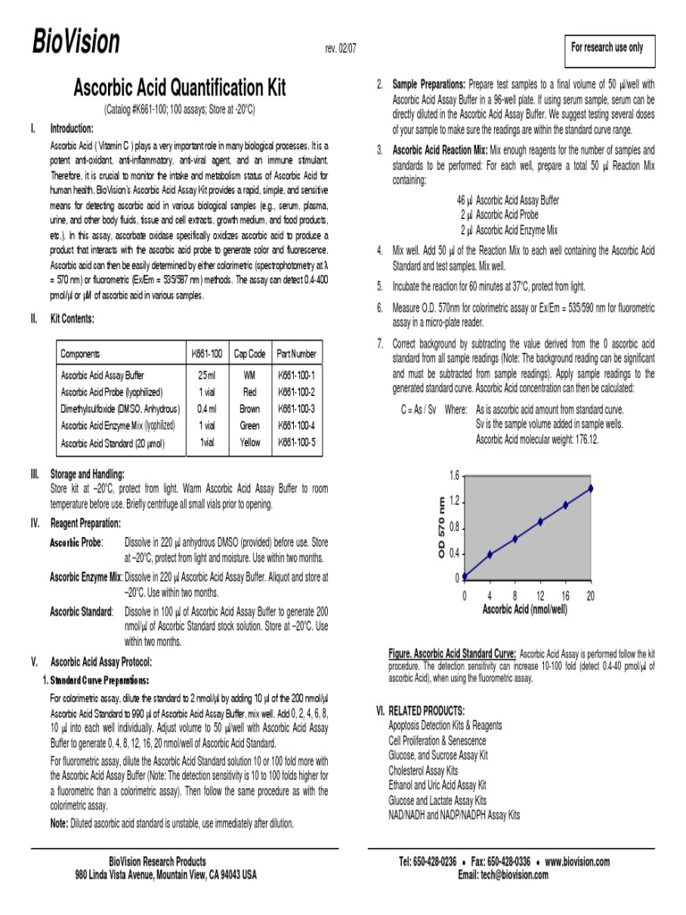 Biovision: Ascorbic Acid Quantification Kit | PDF | Vitamin C | Assay