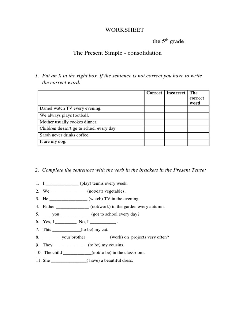 Present Simple Worksheet for 5th Grade | PDF