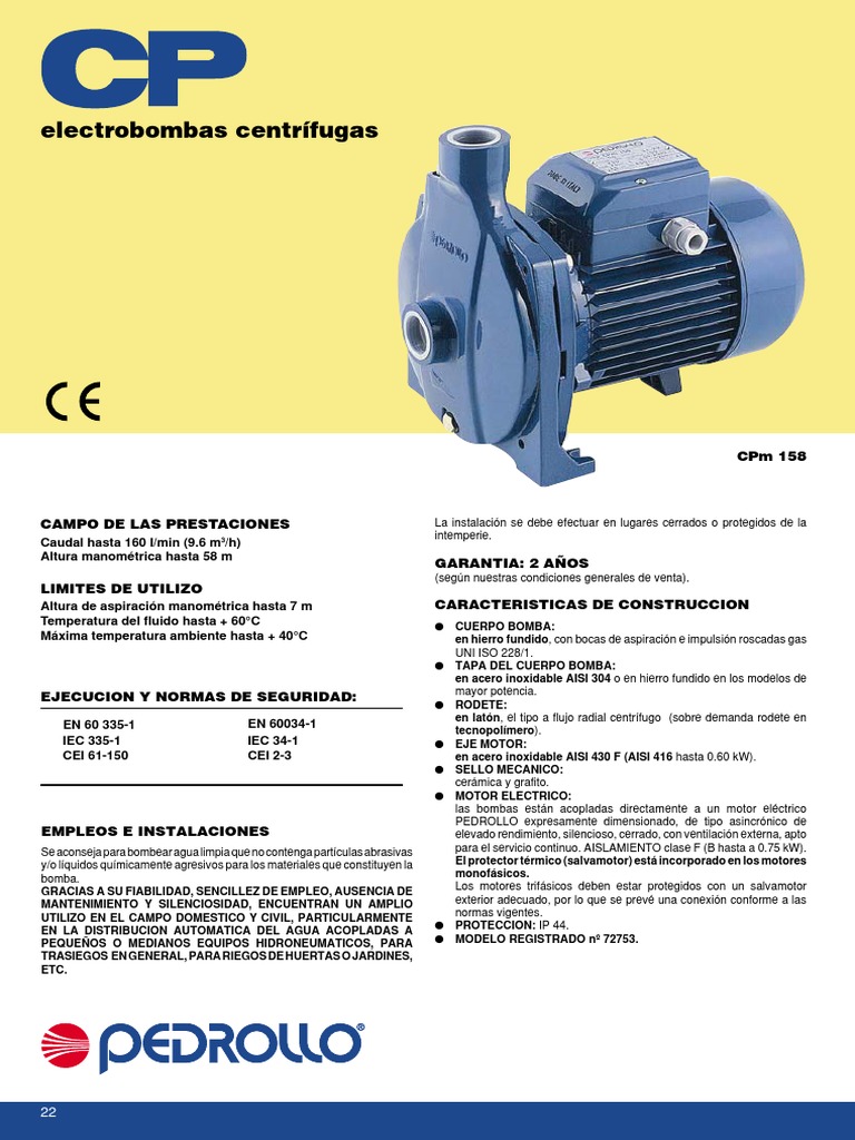 Ficha Técnica Bomba Pedrollo CPM 158 | PDF | Motor eléctrico | Acero