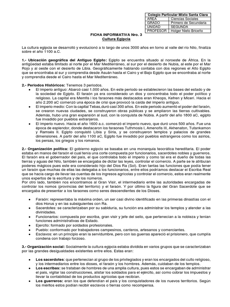 Ficha 3 Primero Cultura Egipcia | PDF | faraón | Antiguo Egipto