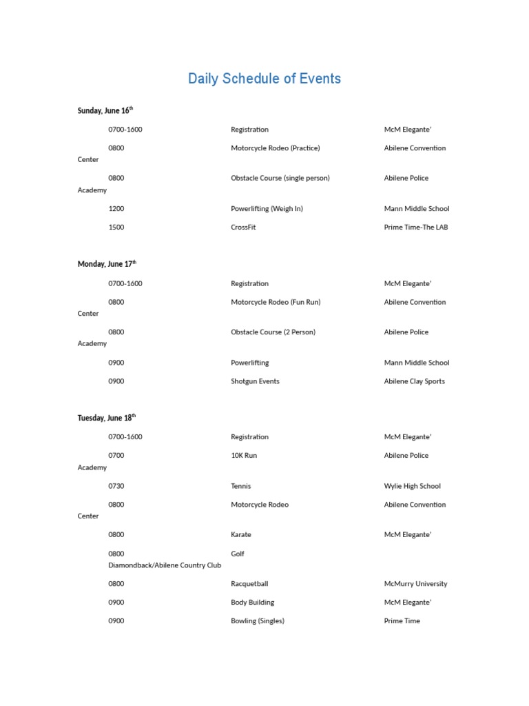 Daily Schedule of Events | PDF | Sports | Recreation