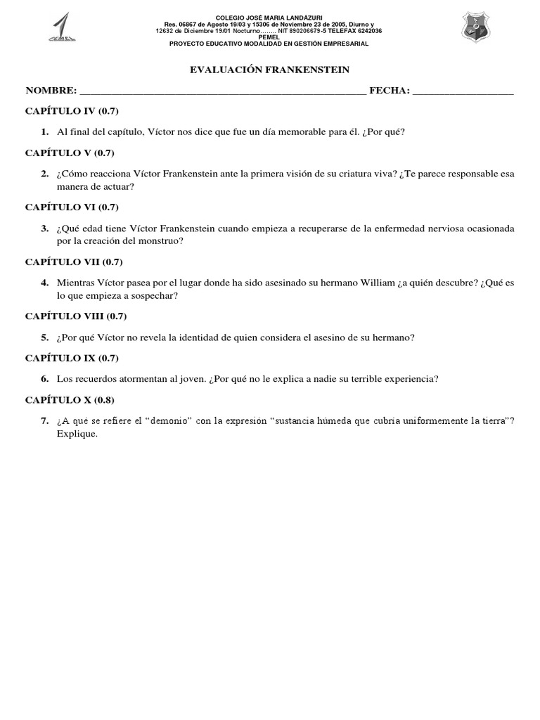 Evaluación Frankenstein 2 | PDF | Frankenstein