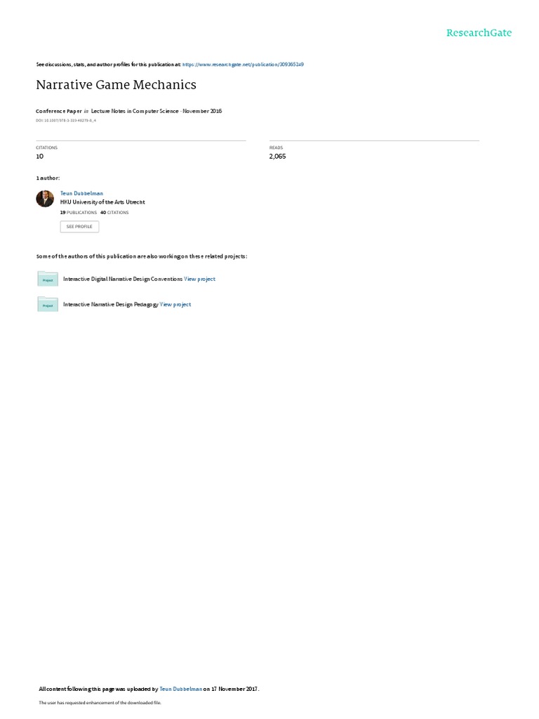 Narrative Game Mechanics: Lecture Notes in Computer Science November ...