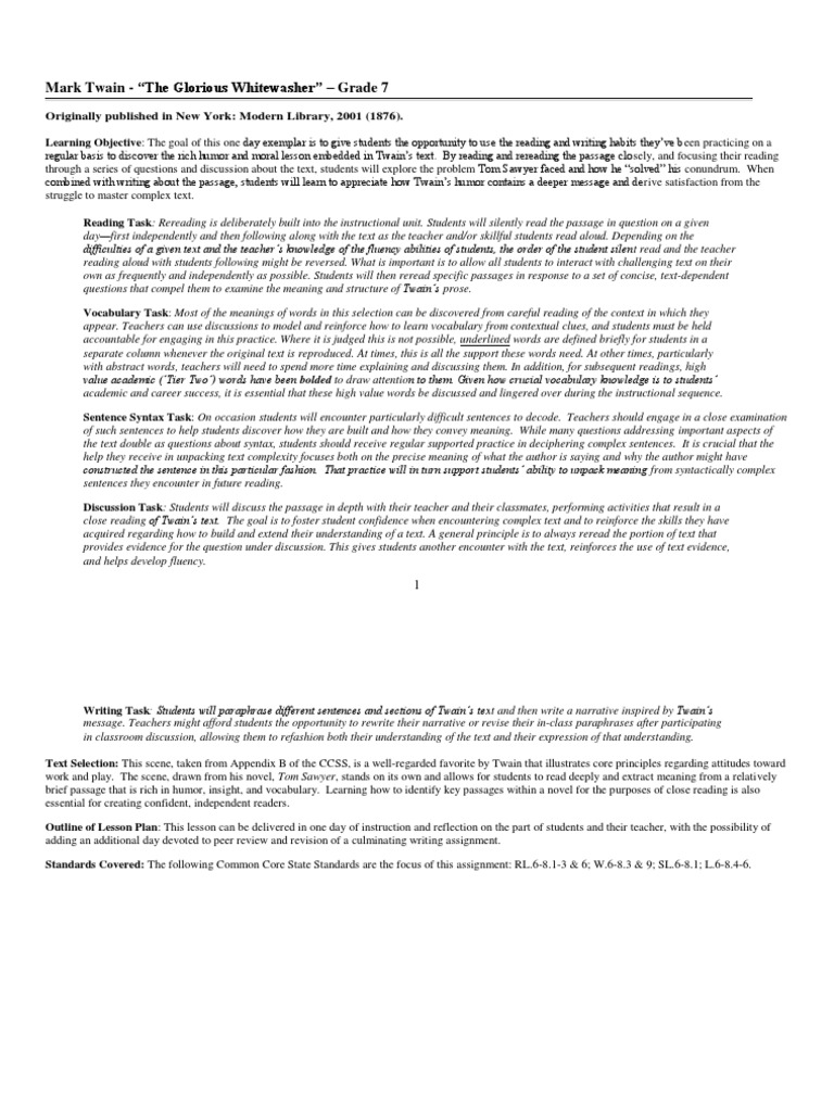Grade 7 Tom Sawyer Close Reading Exemplar-1 PDF | PDF | Mark Twain ...