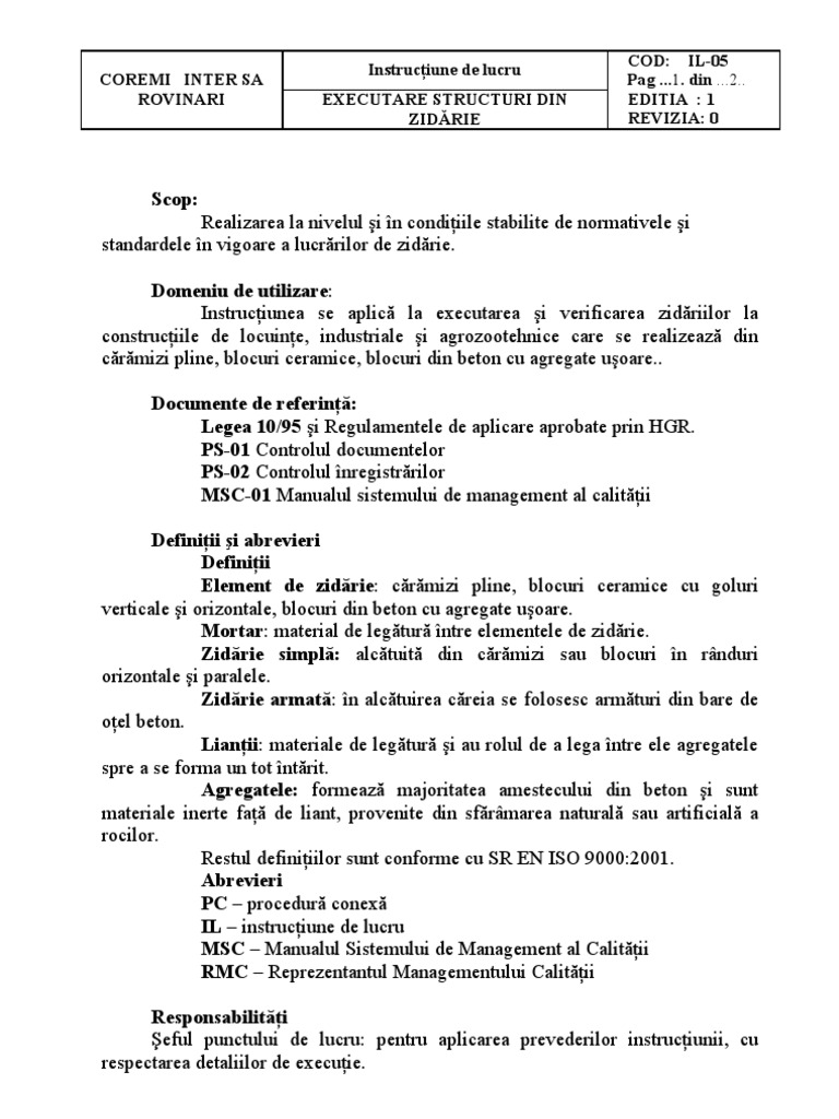 instrucţiune de lucru - ZIDARIE