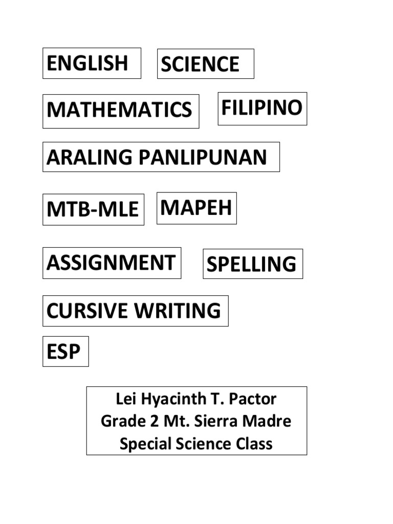 English Science Filipino Mathematics Araling Panlipunan Mapeh Mtb-Mle ...