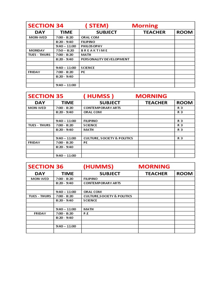 Sschedule Shs 2019 2020 | PDF