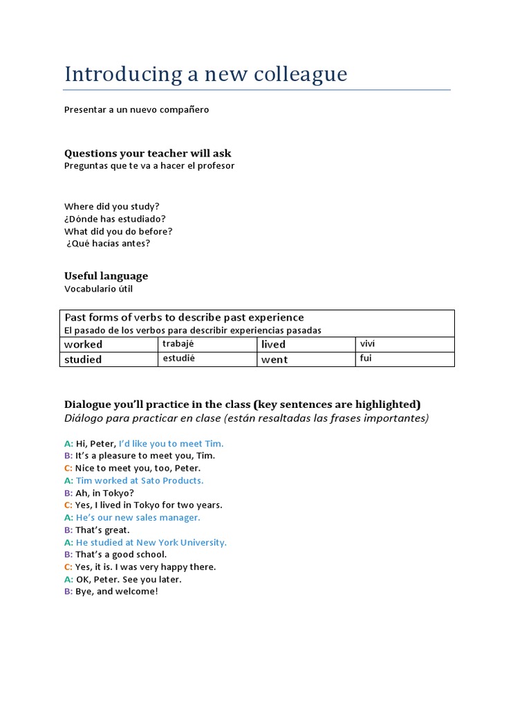 Introducing A New Colleague: Questions Your Teacher Will Ask | PDF