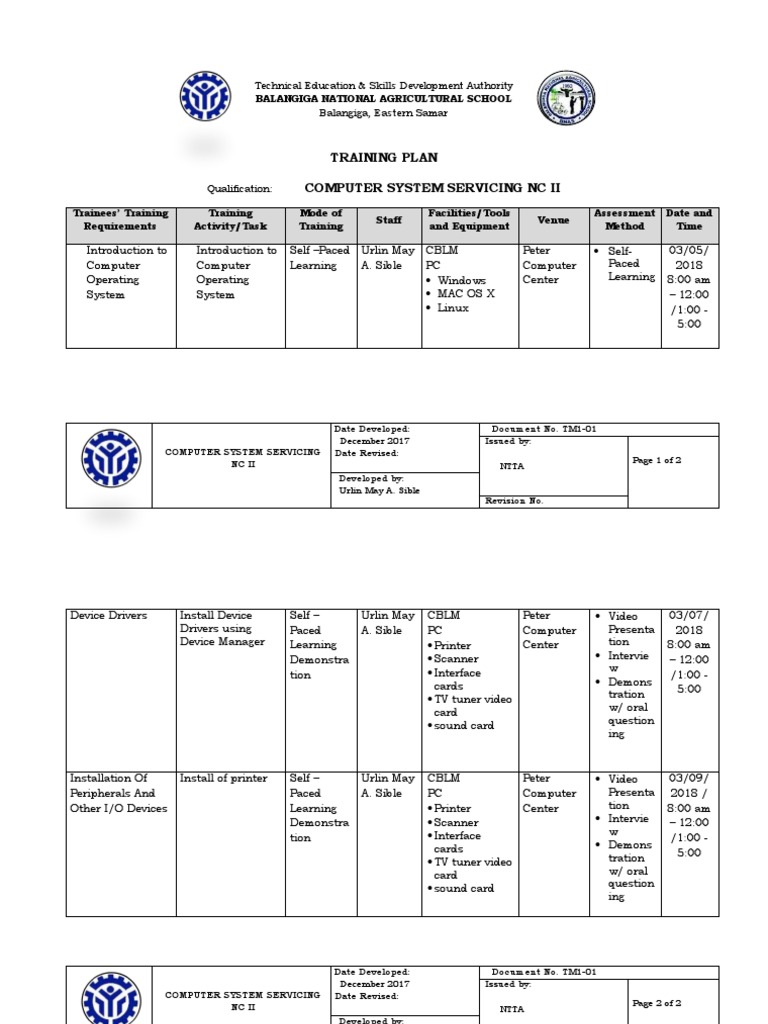 Training Plan Computer System Servicing NC Ii: Balangiga National ...