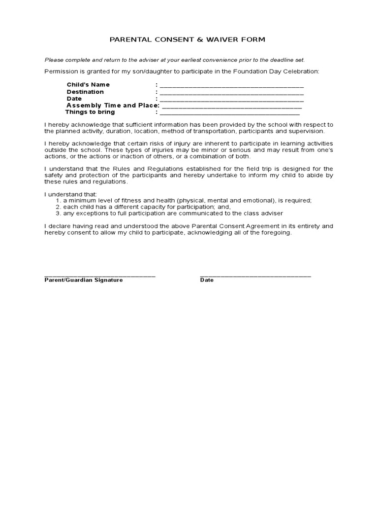 Parental Consent & Waiver Form: Child's Name: Destination: Date | PDF