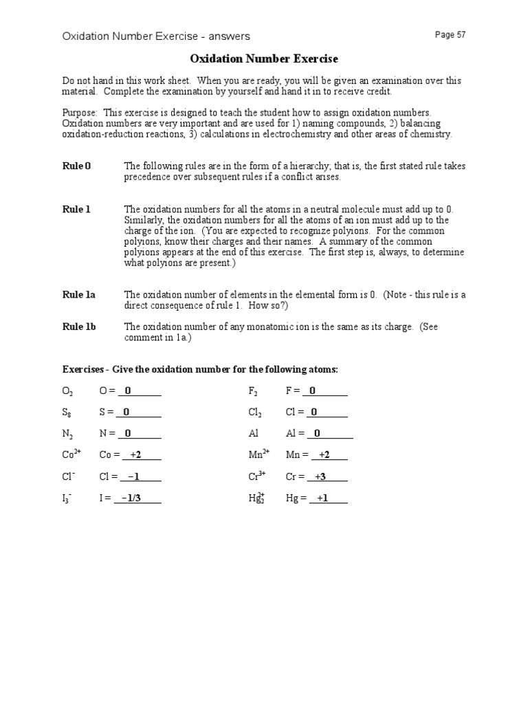 Oxidation Number Exercise Answers | PDF | Ion | Redox