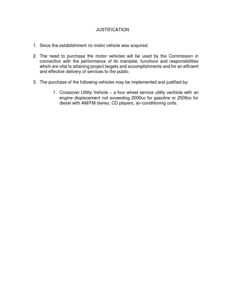 JUSTIFICATION For Acquisition of Motor Vehicle | PDF | Motor Vehicle ...