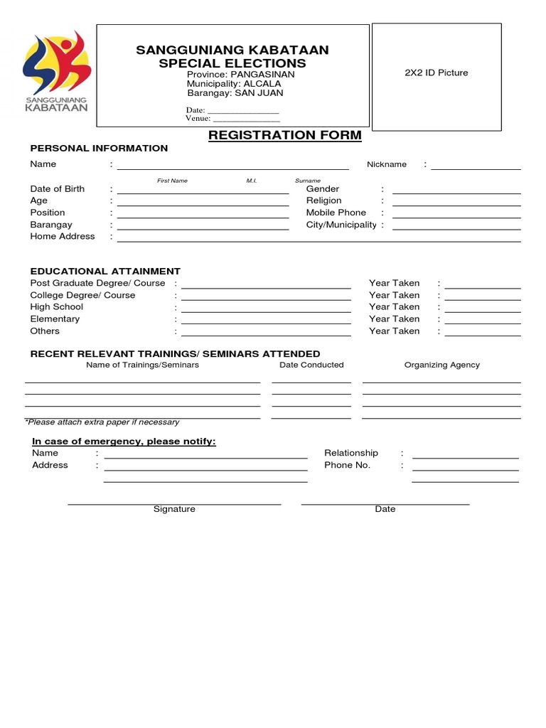 Registration Form for Sangguniang Kabataan Special Elections in ...