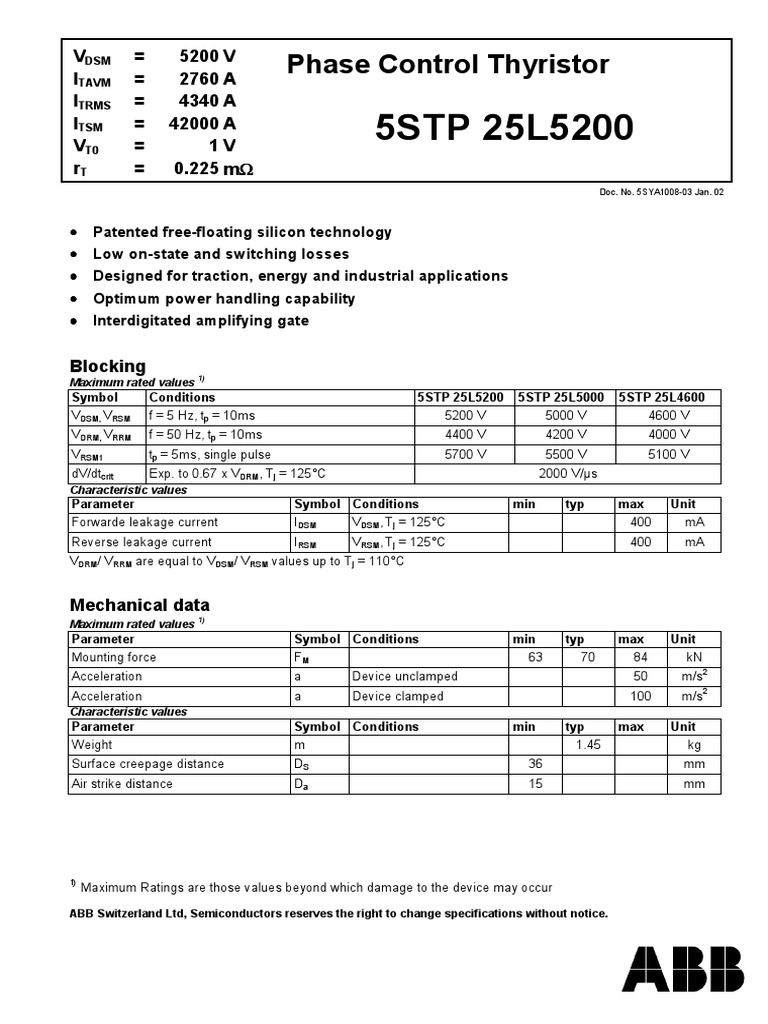 5STP 25L5200: Phase Control Thyristor | PDF | Electrical Engineering ...