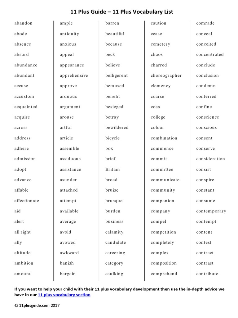 11plus Vocabulary List