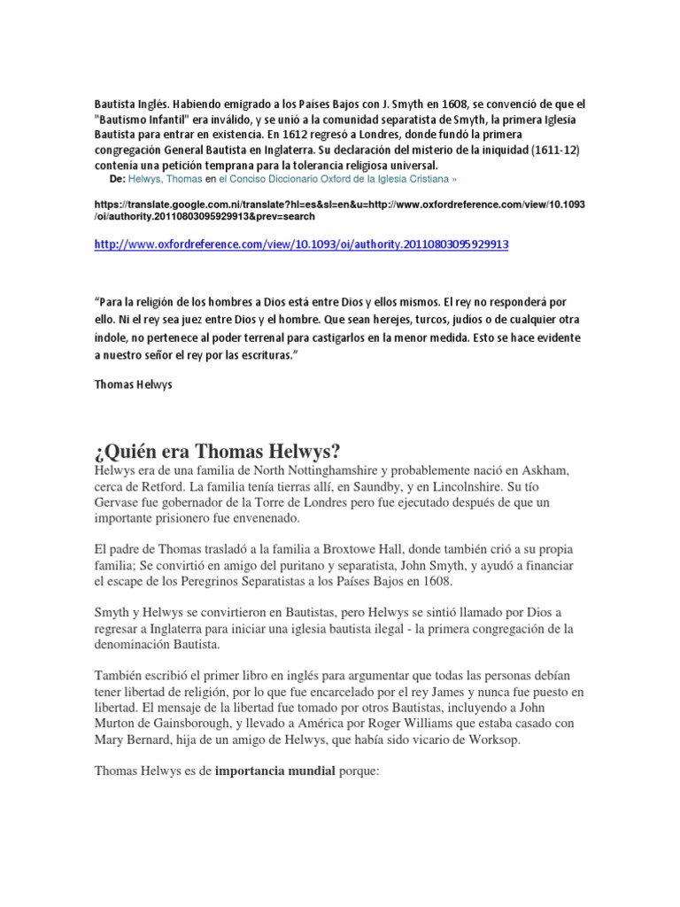 Thomas Helwys: Pionero de Libertad Religiosa | PDF | Libro de ...