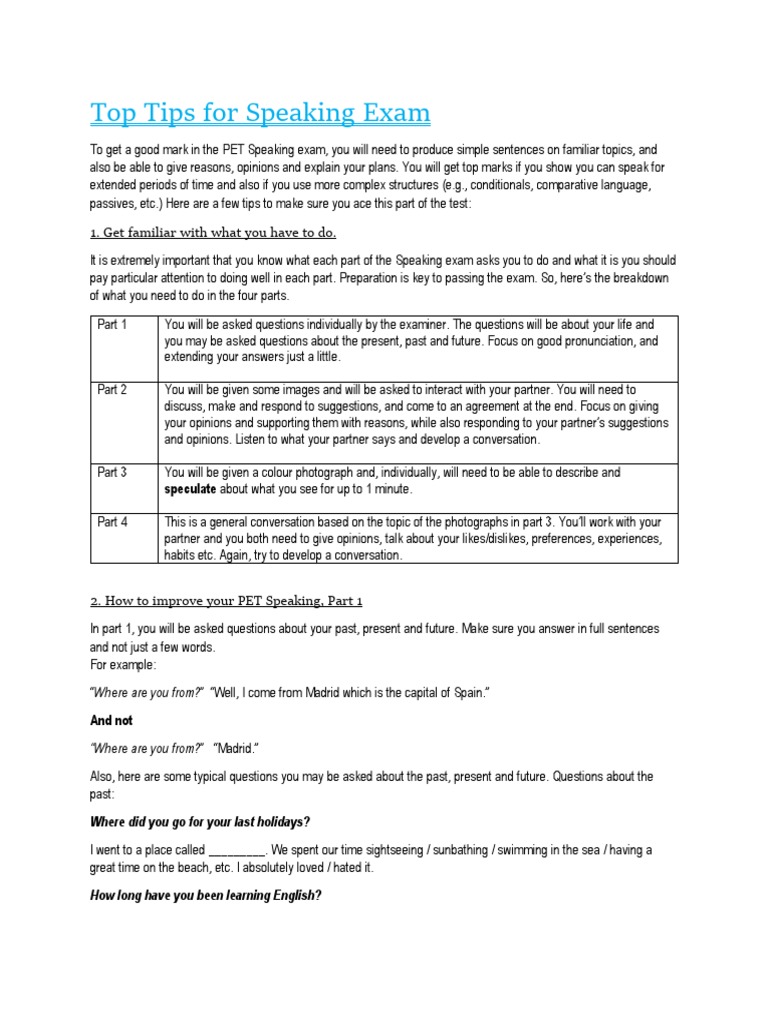 PET Speaking Exam Preparation Tips | PDF | Attention | Test (Assessment)