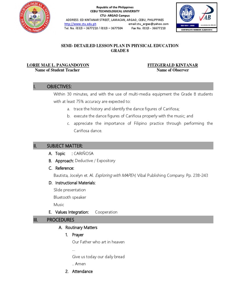 I. Objectives:: Semi-Detailed Lesson Plan in Physical Education Grade 8 ...