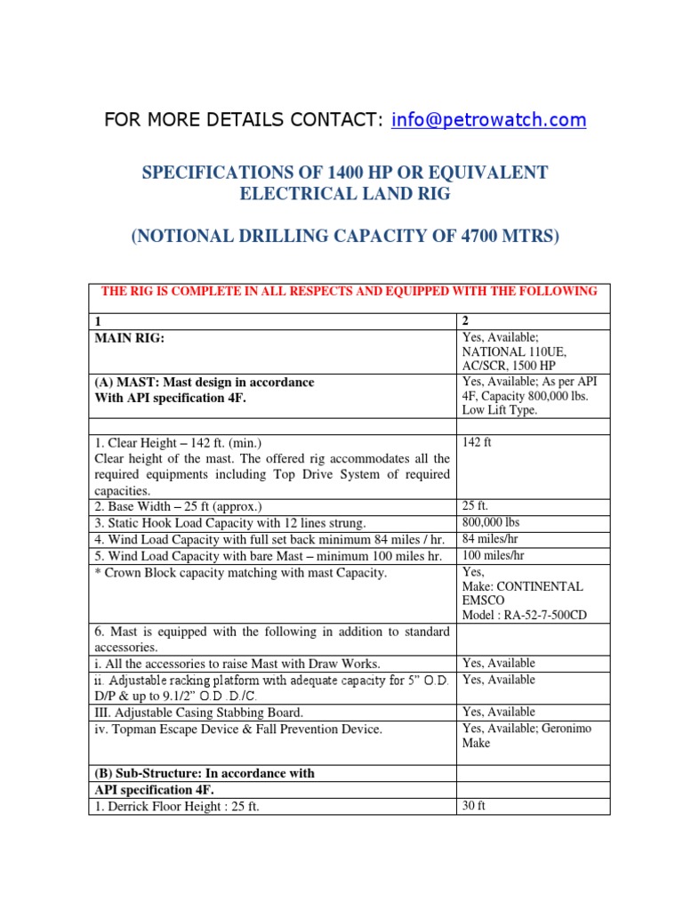 Specifications for a 1400 HP Electrical Land Rig | PDF | Drilling Rig ...