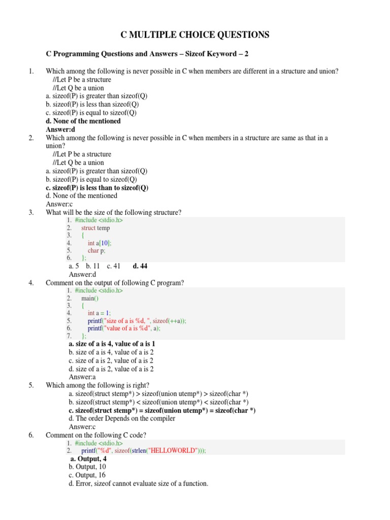 C Multiple Choice Questions | PDF | C (Programming Language) | Computer ...