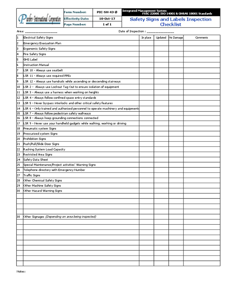 SH-43 Safety Signs and Labels Inspection Checklist Rev2018 | PDF ...