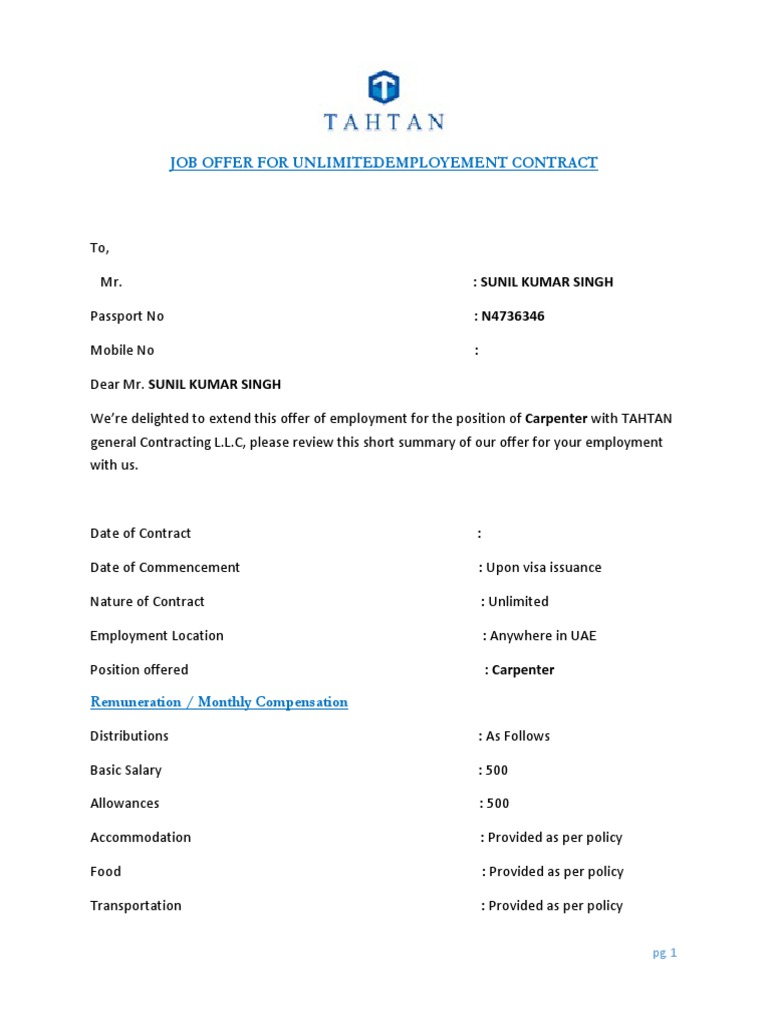 Sunil Kumar Singh - Offer Letter | PDF | Employment | Employee Relations