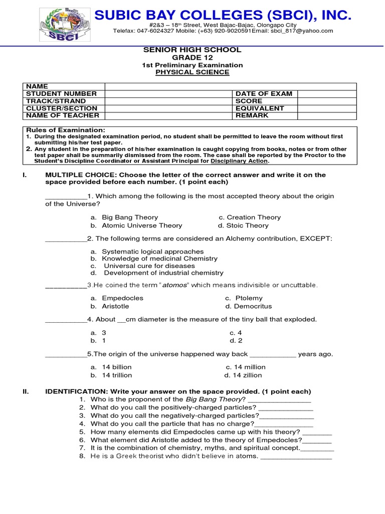 Physical Science Exam Print 2 | PDF | Chemical Elements | Test (Assessment)