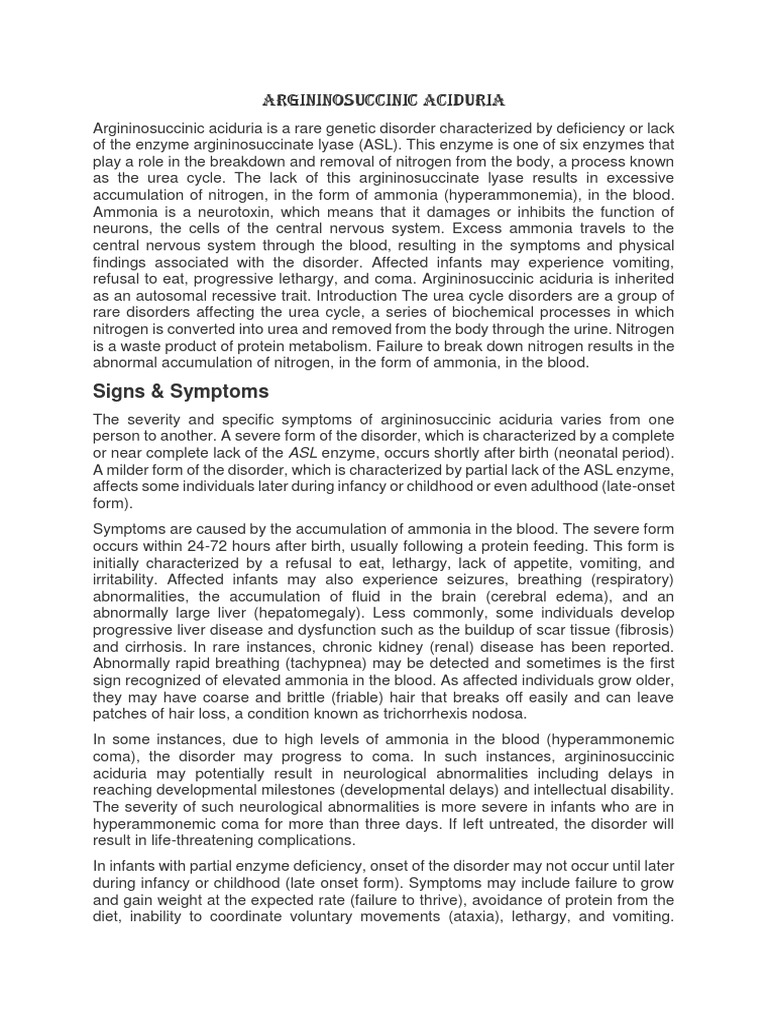 Argininosuccinic Aciduria: Signs & Symptoms | PDF | Medicine | Metabolism