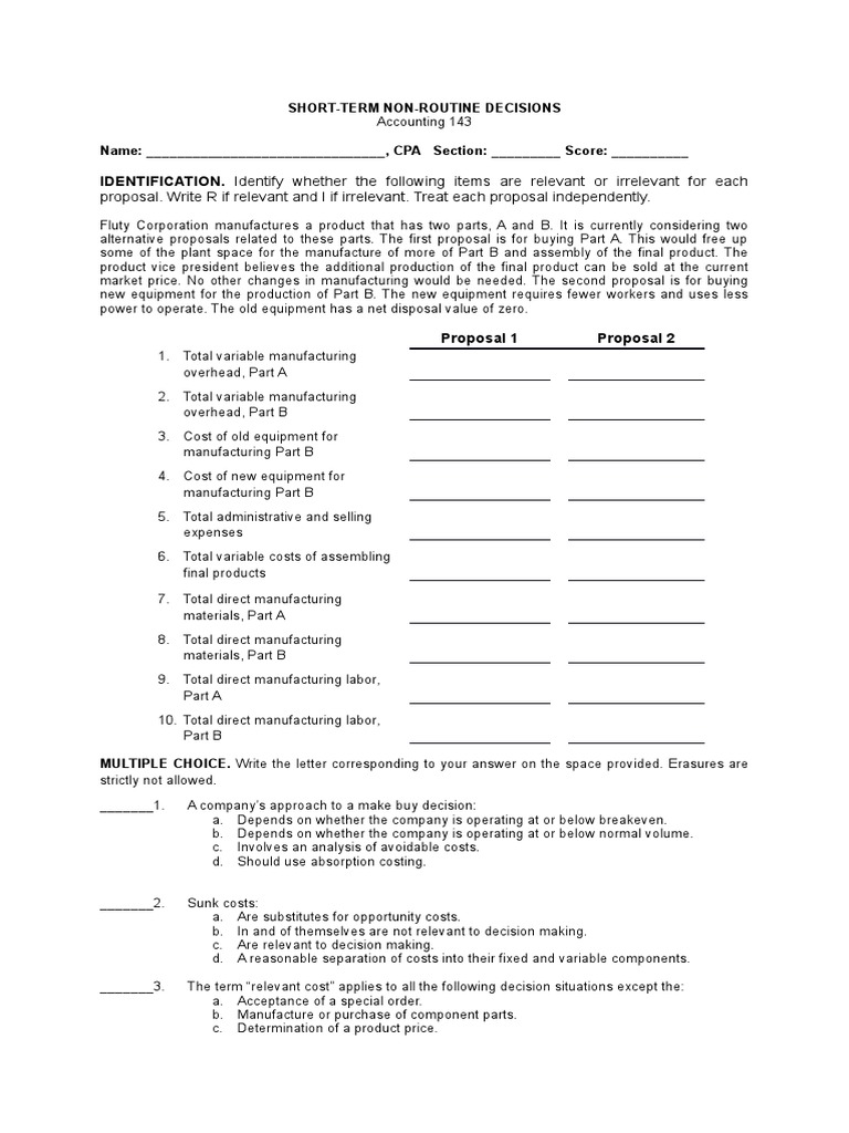 2.1 Short Term Non Routine Decisions Theory | PDF | Cost | Decision Making