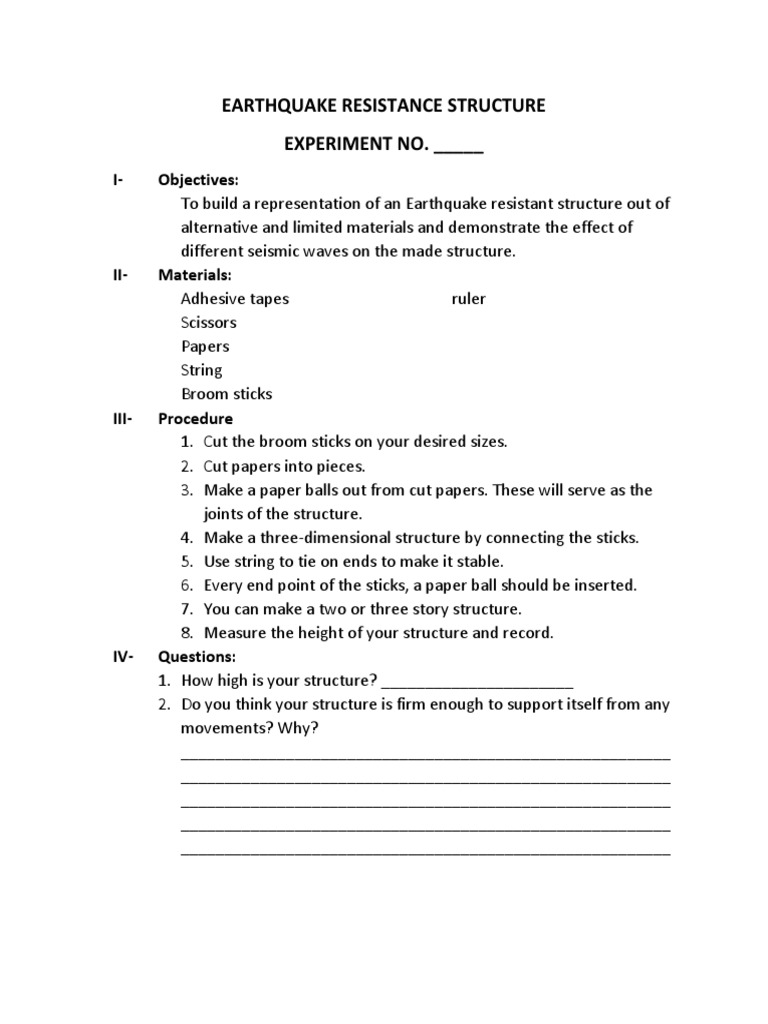Earthquake Resistance Structure Experiment No. - : I-Objectives | PDF ...
