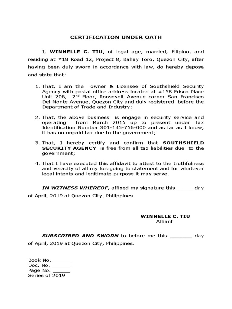 Certification Under Oath | PDF | Finance & Money Management | Social ...