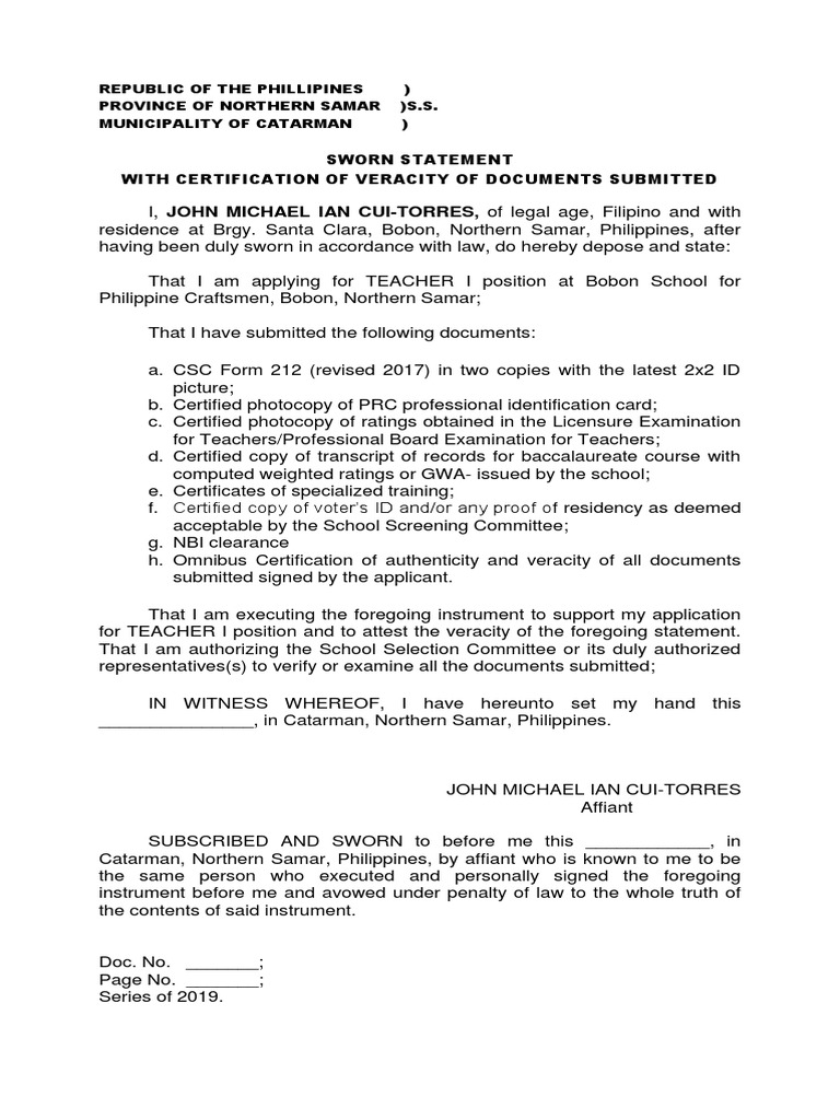 Sworn Statement (Application) | PDF