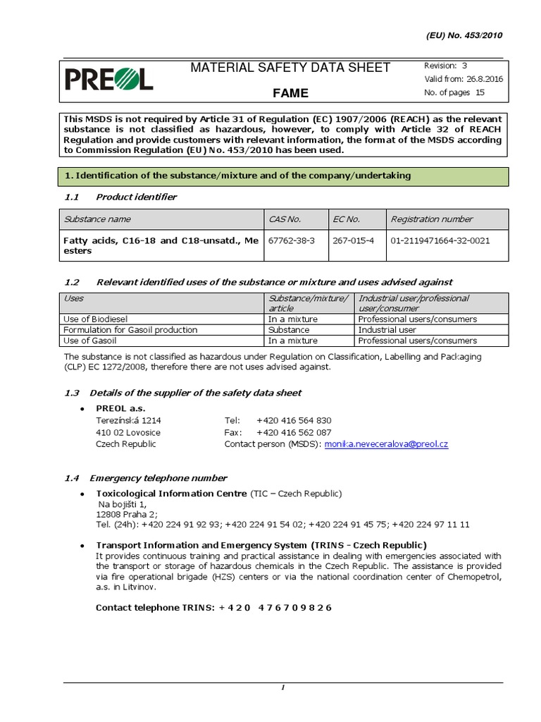 Msds Palm Oil RBD | PDF | Chemistry | Physical Sciences