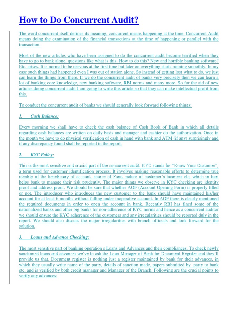 Guide to Concurrent Audit in Banks | PDF | Cheque | Banks