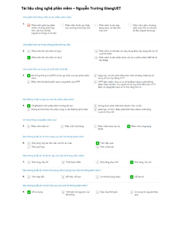 Trắc nghiệm Công nghệ phần mềm UET | PDF