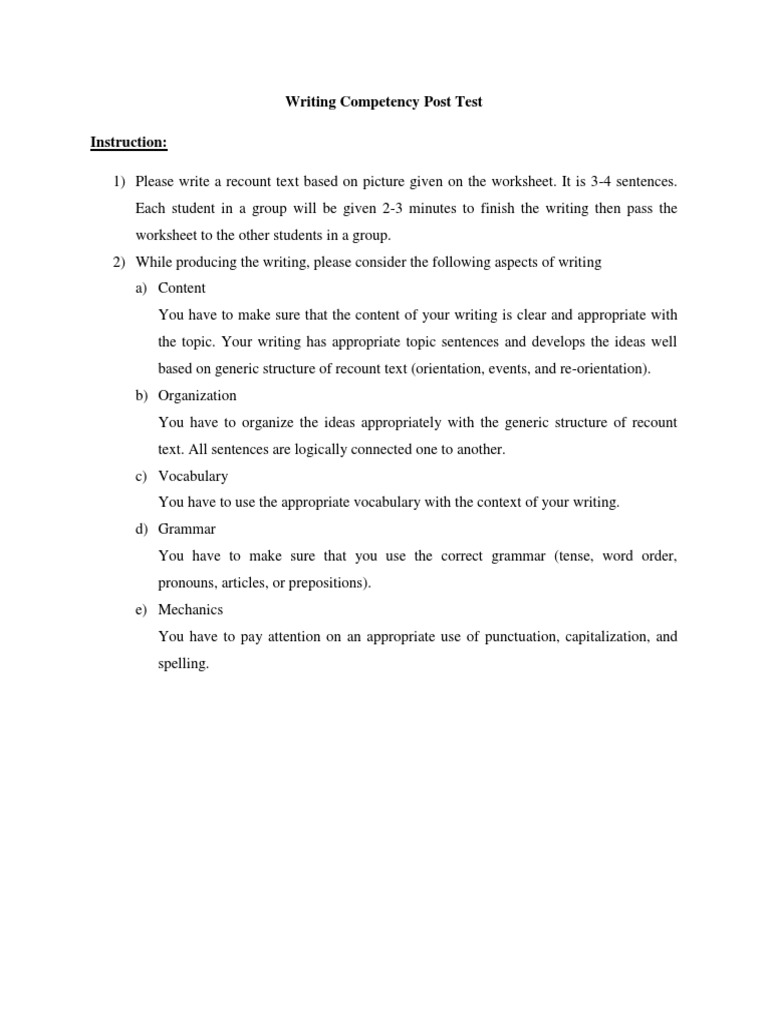 Writing Competency Post Test Instruction | PDF | Grammar | Vocabulary
