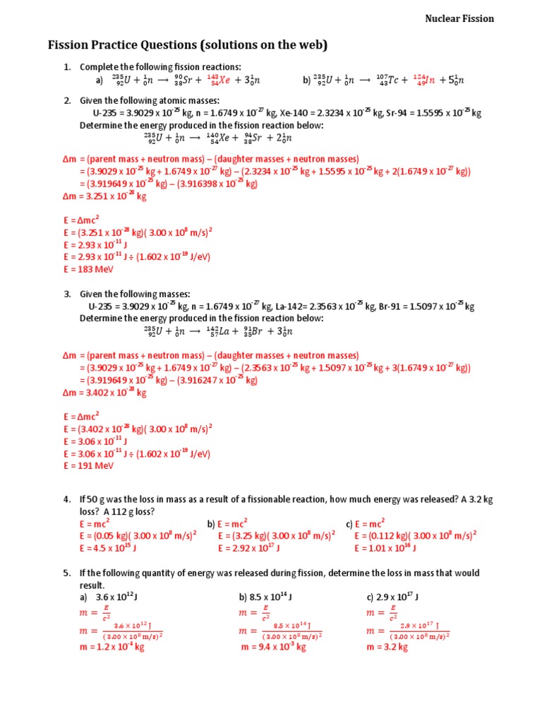 3, Fission Practice Questions Solutions | PDF | Nuclear Reaction ...