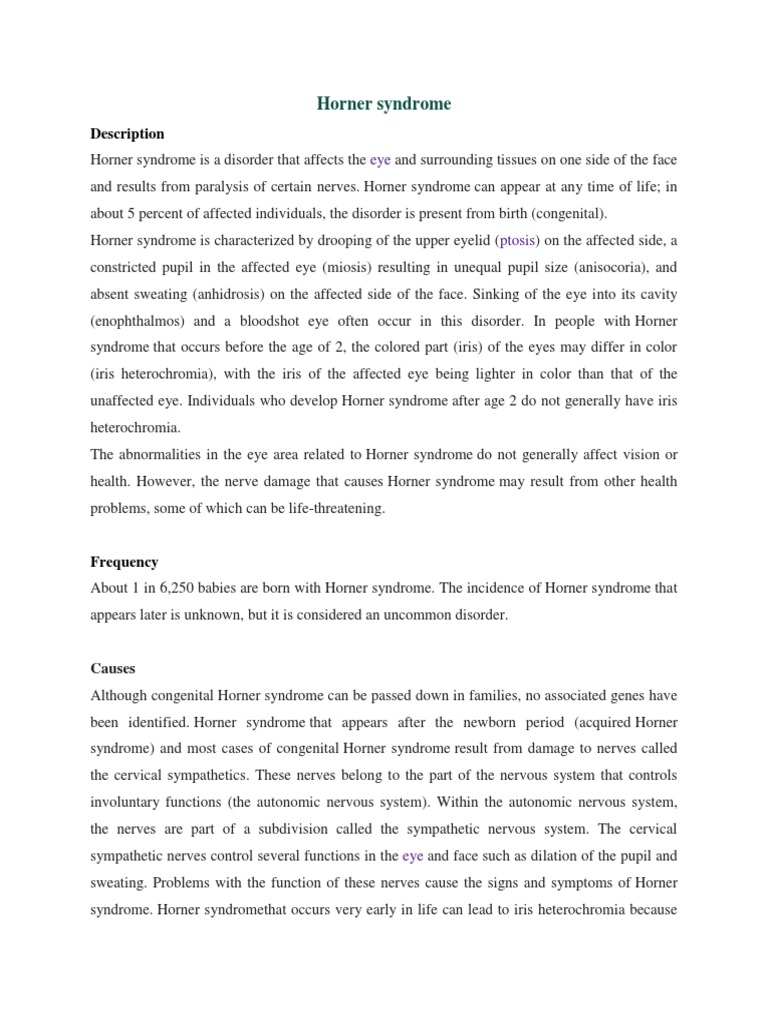 Horner Syndrome: Description | PDF | Human Anatomy | Epidemiology