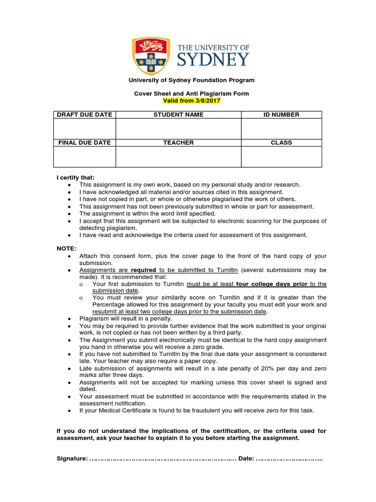 Assignment Cover Page and Anti-Plagiarism Sheet Summer 2018 | PDF ...