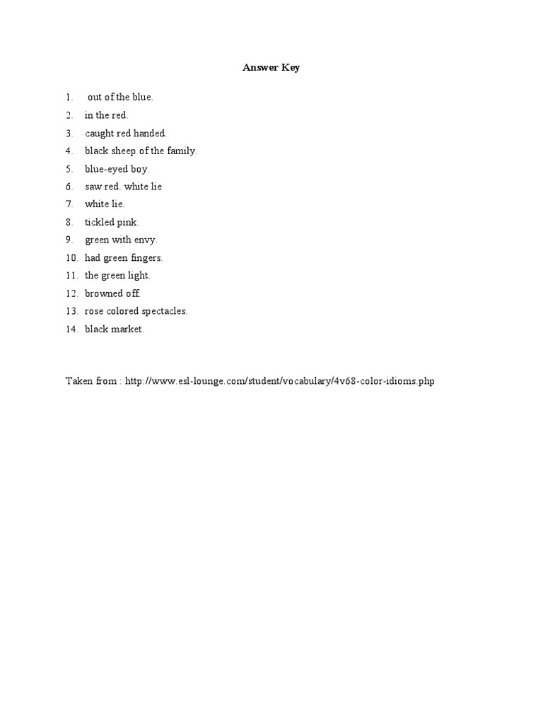 Colorful Idioms - Answer Key | PDF | Color | Vision