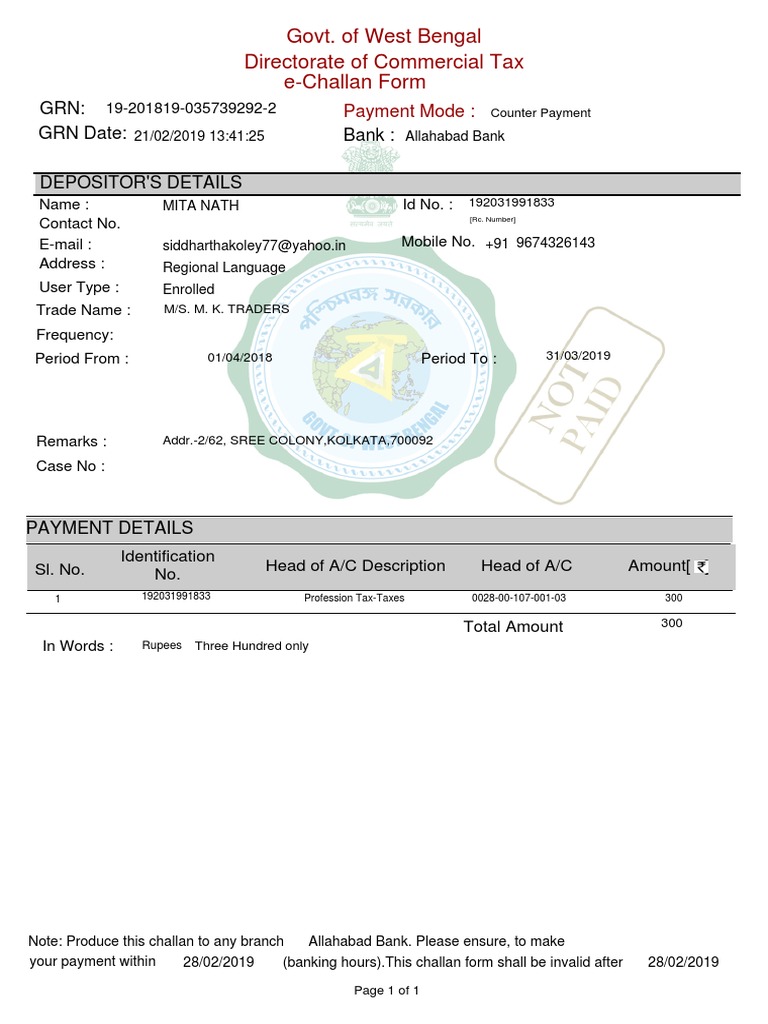 Govt. of West Bengal Directorate of Commercial Tax E-Challan Form | PDF