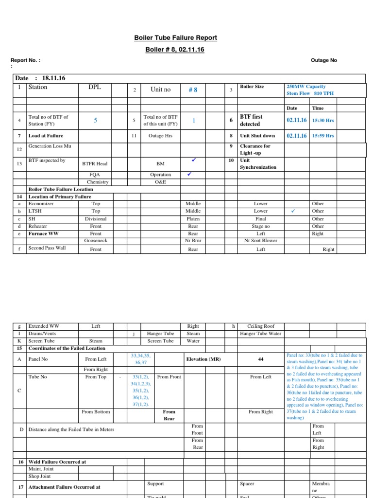 Boiler Tube Failure Report Boiler # 8, 02.11.16: 1 Station DPL Unit No ...