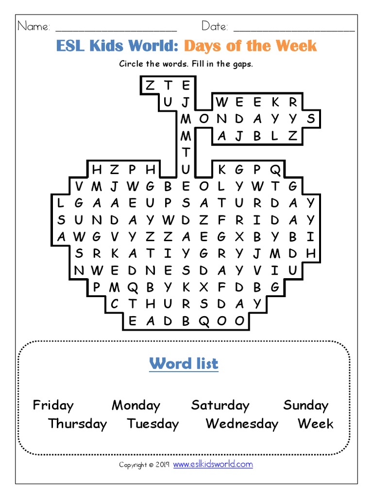 Days of Week Wordsearch | PDF