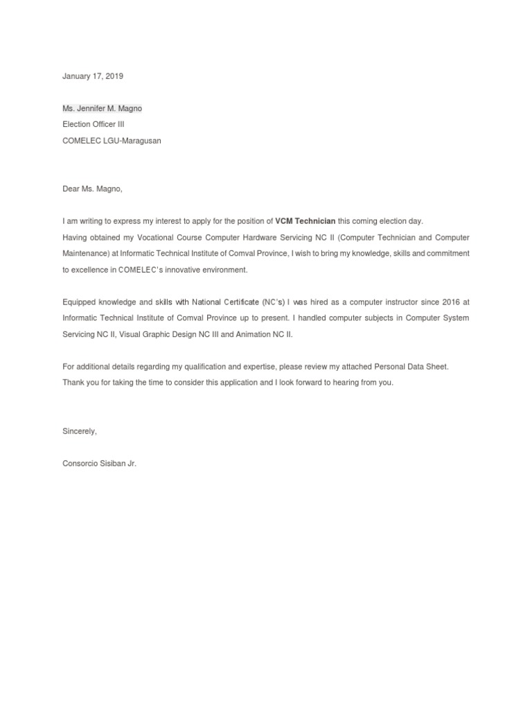 Application Letter Cons | PDF