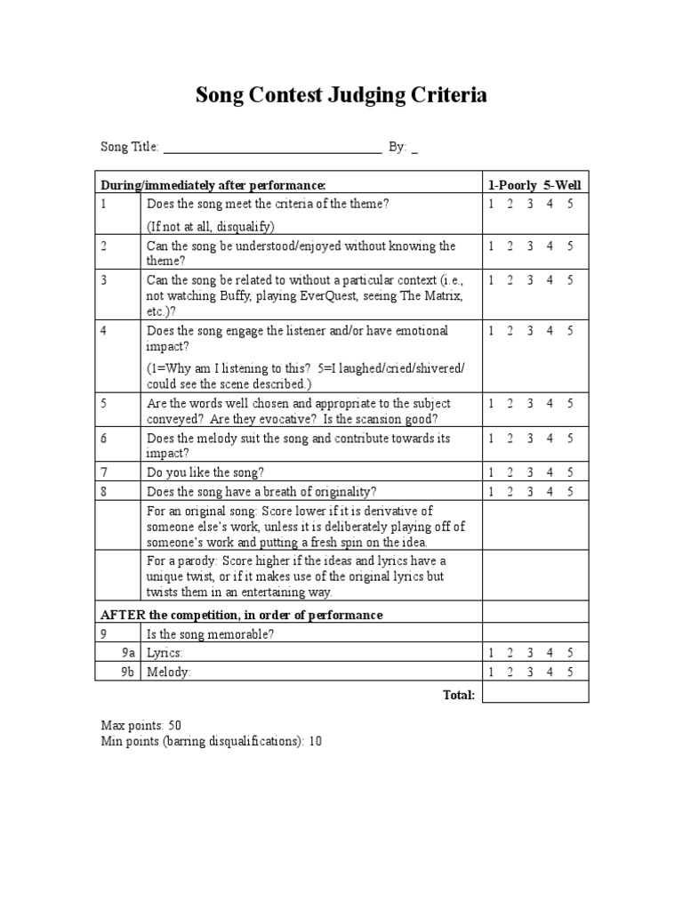 Song Contest Judging Criteria: During/immediately After Performance: 1 ...