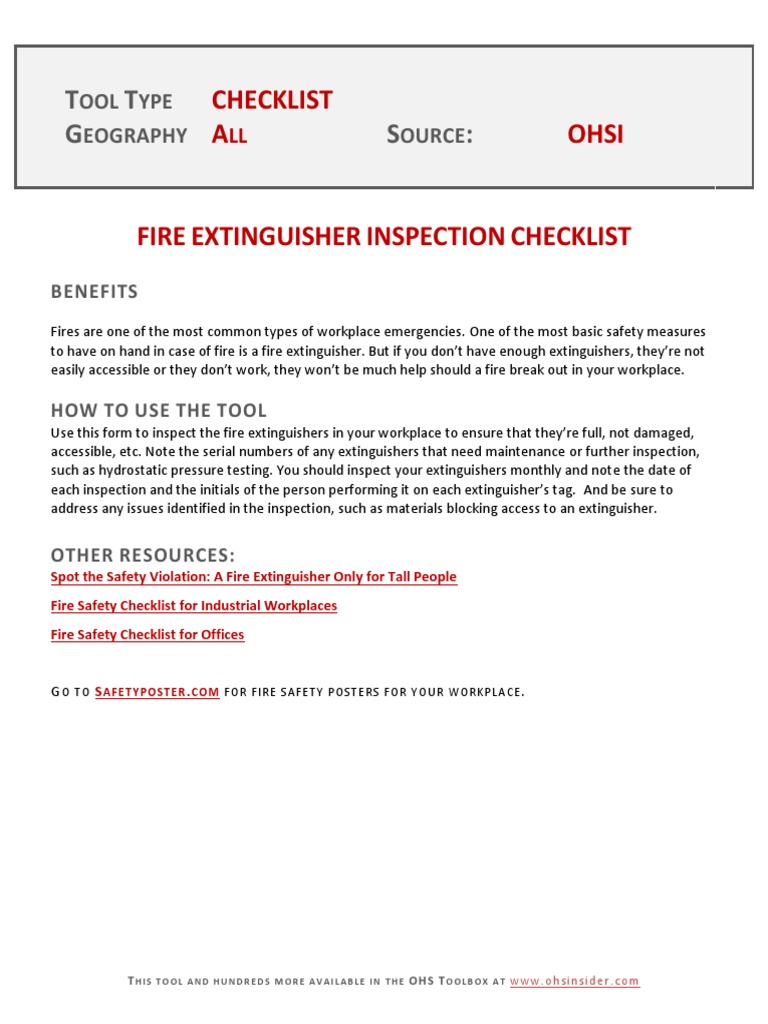 Fire Extinguisher Check List | PDF | Fire Safety | Prevention