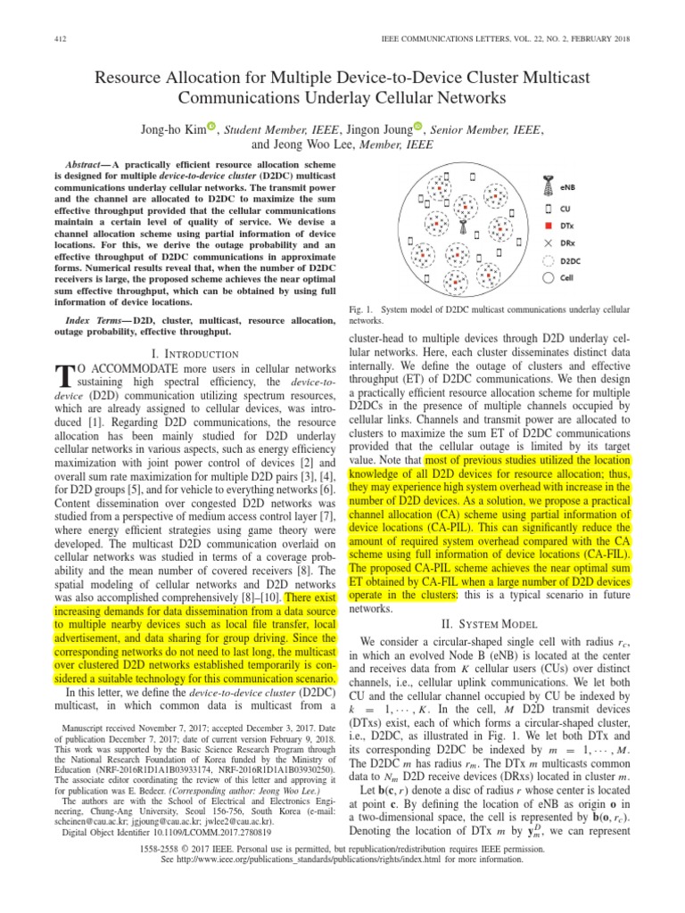 Resource Allocation For Multiple Device-to-Device Cluster Multicast Communications Underlay ...