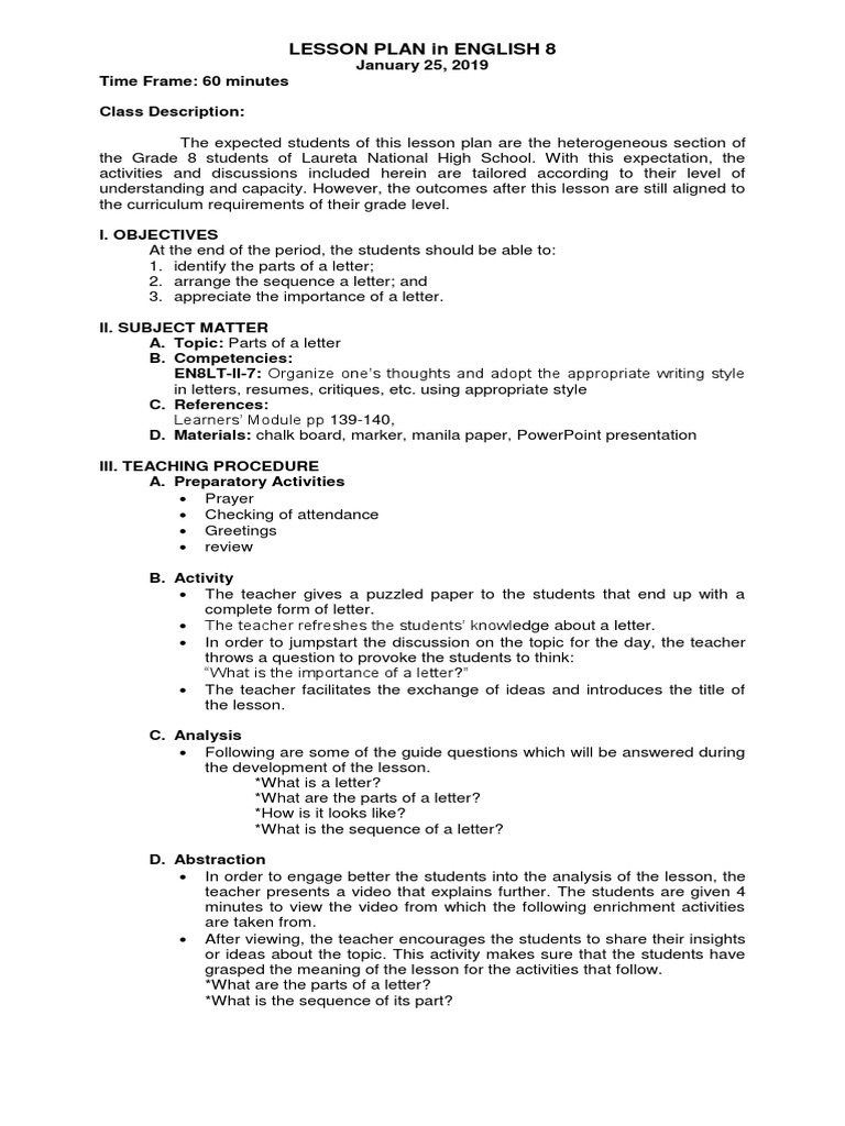 Parts of a Letter Lesson Plan for Grade 8 | PDF | Lesson Plan ...
