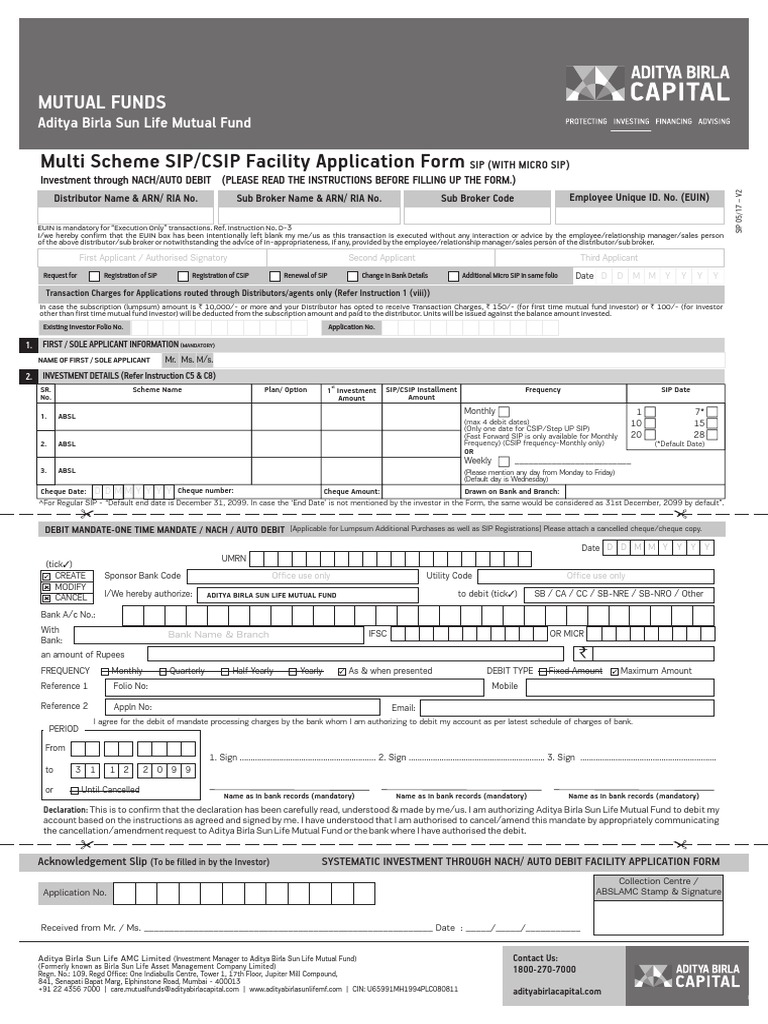 Multi Scheme Sip Csip Facility Application Form V 1 Rev | Download Free ...
